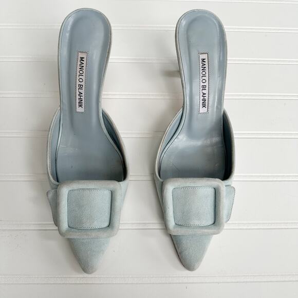 Manolo Blahnik | Shoes | Manolo Blahnik Maysale Mule Buckle Light Blue ...
